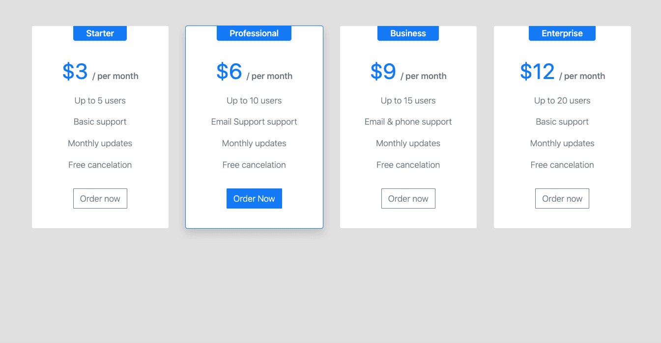 Bootstrap 4 Business pricing table using HTML and CSS Example