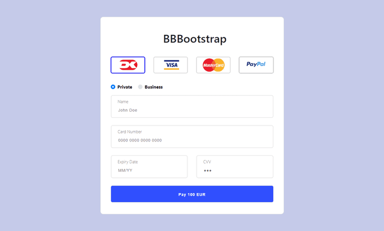 Bootstrap 4 step credit card payment form with order details Example