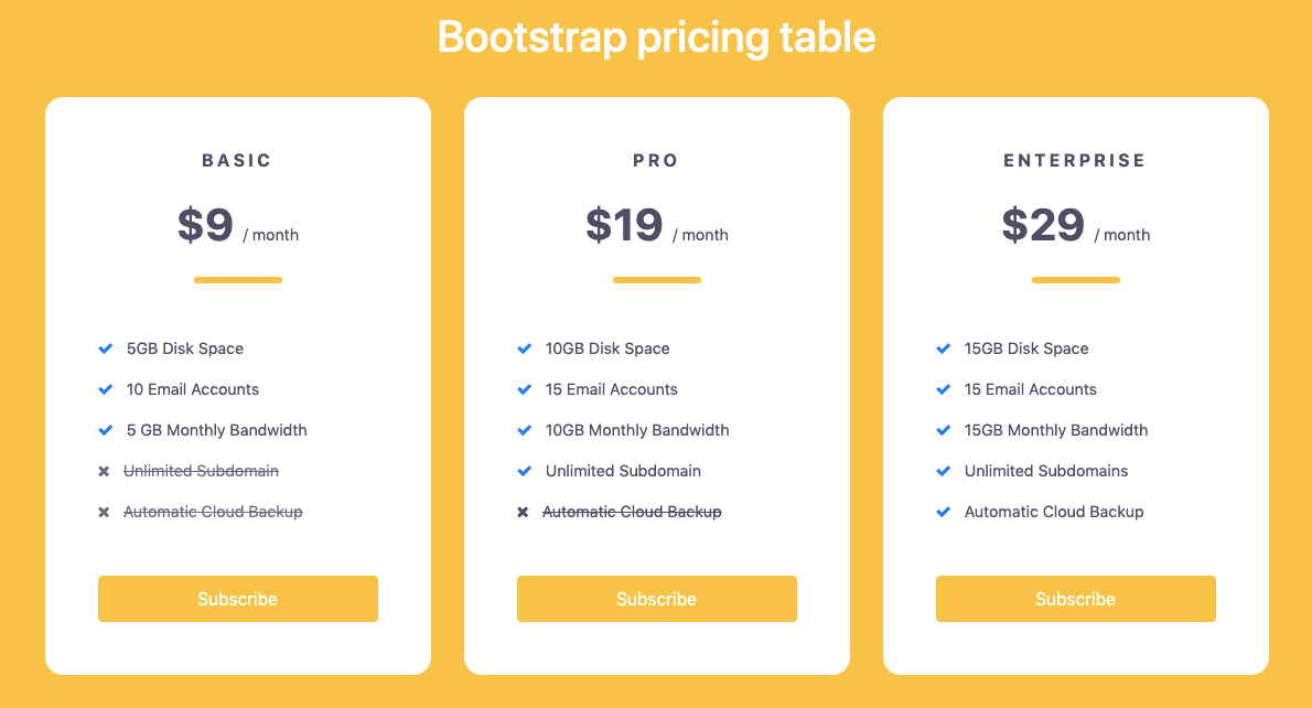 Bootstrap 5 Subscription pricing table with plan details Example