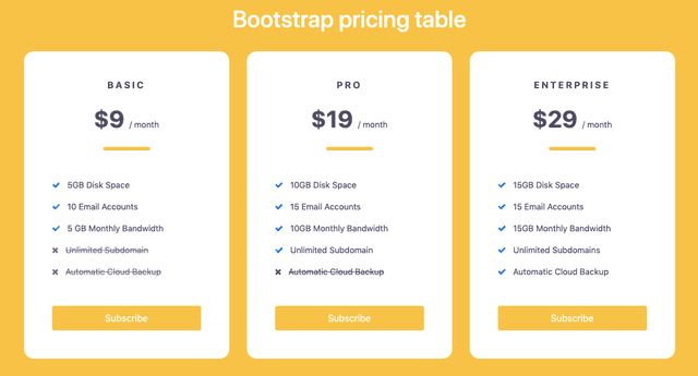 Bootstrap 4 Business pricing table using HTML and CSS Example