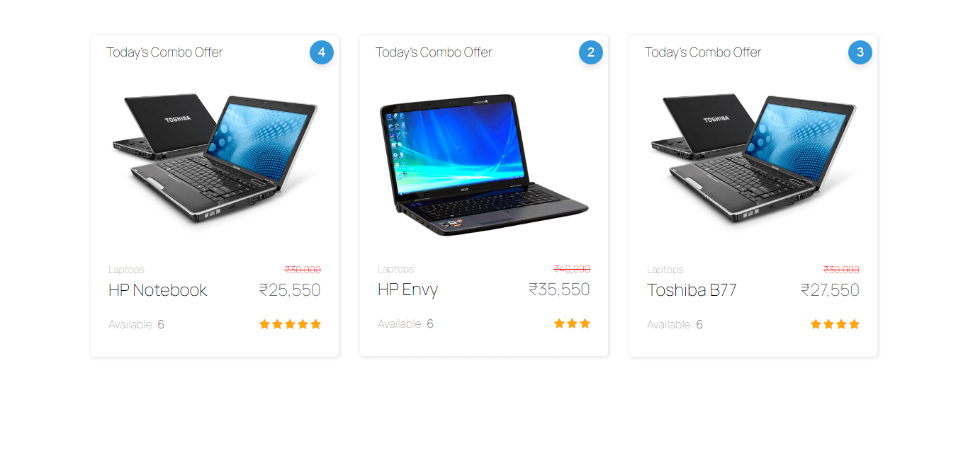 Bootstrap 4 product list with animated icons and discount badge Example