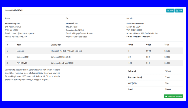 Bootstrap 5 services invoice template Example