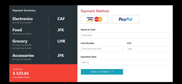 Bootstrap 4 Simple payment credit card form Example