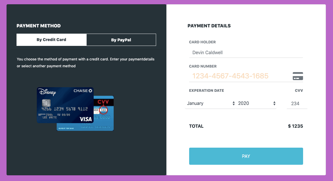 Bootstrap 4 Simple payment credit card form Example